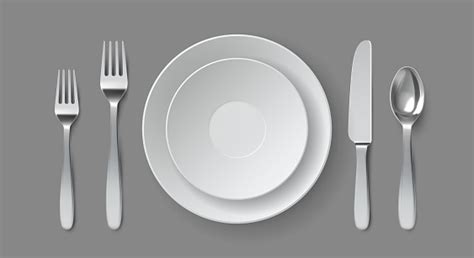 현실적인 테이블 서빙 포크 칼 숟가락이 있는 둥근 식사 접시 레스토랑 빈 접시와 칼 클로즈 업 상단 보기 벡터 모형 가정의 방에