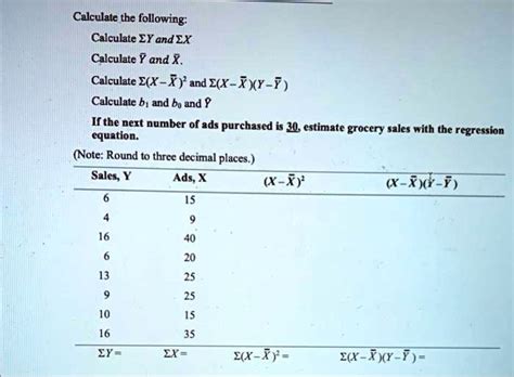 SOLVED Calculate The Following Calculate EY And EX Calculate Y And X Calculate X X And X XY