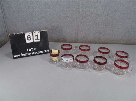 Lot Red Stained Glass Rimmed Pressed Glass Punch Cups And Toothpick