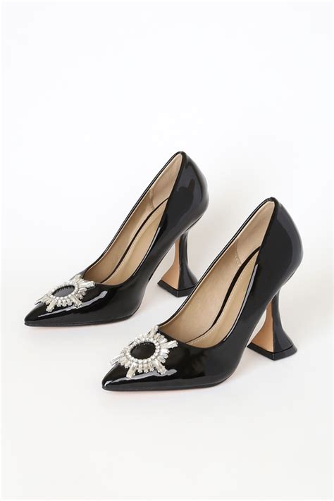 Trendy Black Patent Pumps Pointed Toe Pumps Rhinestone Heels Lulus