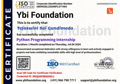 Tejaswini Sai On Linkedin Python Internship Ybifoundation