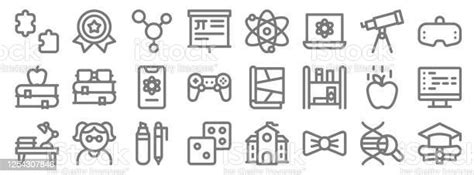 書線圖示線性集品質向量線集 如畢業帽 領結 骰子 辦公桌 重力 分子 Vr 眼鏡 原子 獎項向量圖形及更多brand Name Video