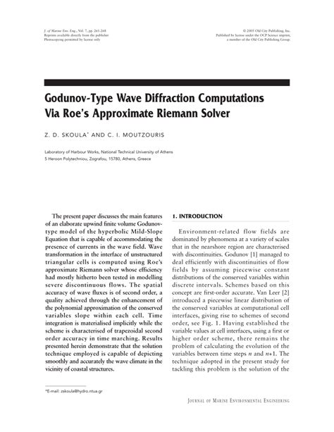 Pdf Godunov Type Wave Diffraction Computations Via Roes Approximate Riemann Solver