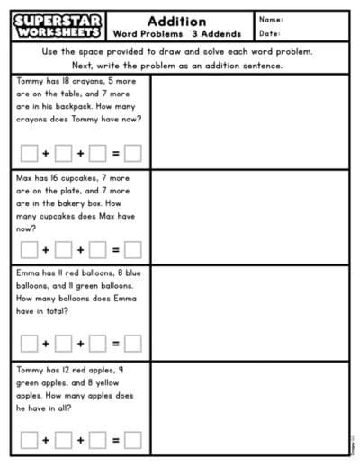 Addition Word Problems Superstar Worksheets