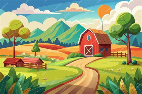 Ilustración De Dibujos Animados De Paisajes Rurales Vector Premium