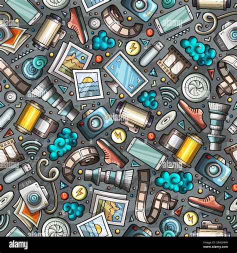 Cartoon Cute Photo Seamless Pattern Colorful Detailed With Lots Of Objects Background Endless