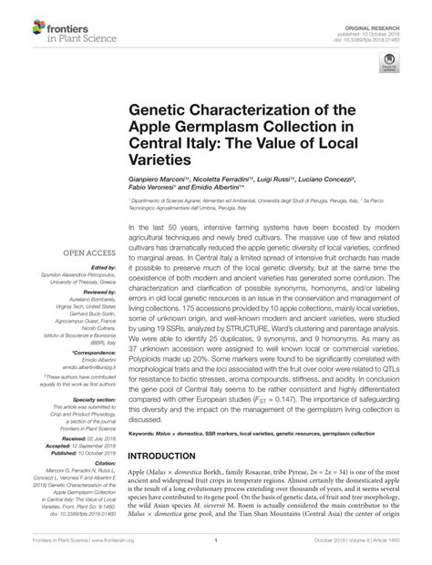Pdf Genetic Characterization Of The Apple Germplasm Collection In