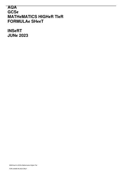 Aqa Gcse Mathematics Higher Tier Formula E Sheet Insert June 2023 Aqa Stuvia Us