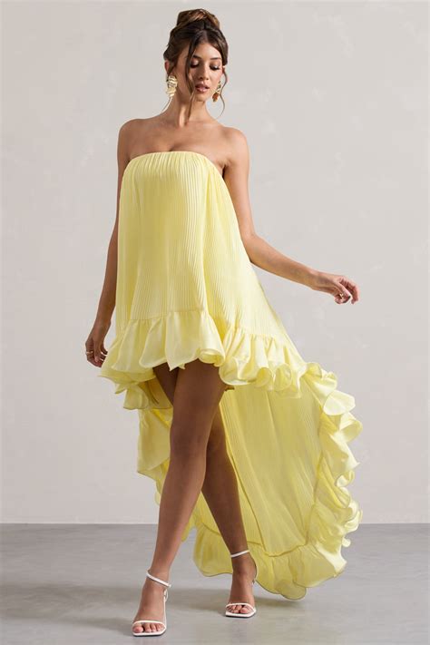 Whistler Lemon Chiffon Bandeau High Low Ruffled Maxi Dress Club L