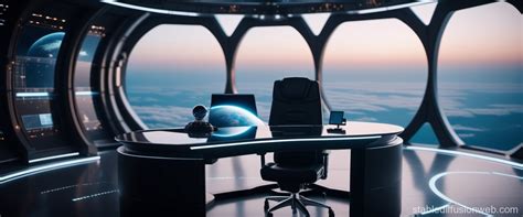 A Futuristic Office On An Orbital Space Station With Views Of A Planet