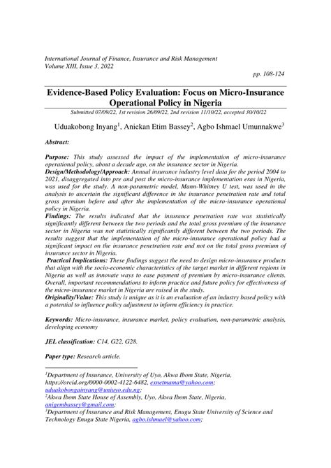 Pdf Evidence Based Policy Evaluation Focus On Micro Insurance Operational Policy In Nigeria