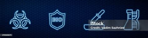세트 라인 피펫 생물학적 위험 기호 바이오 건강 식품 및 Dna 연구 검색을위한 방패 벽돌 벽에 빛나는 네온 아이콘입니다 벡터 0명에 대한 스톡 벡터 아트 및 기타 이미지