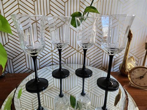 Vintage Octime French Black Luminarc Stemware Wine Glasses Goblets Set