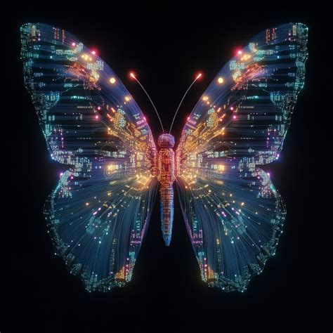 Futuristic Digital Butterfly With Glowing Circuitry Wings On Black Background Stock Illustration