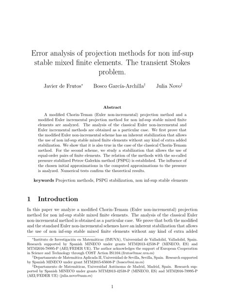 PDF Error Analysis Of Projection Methods For Non Inf Sup Stable Mixed Finite Elements The