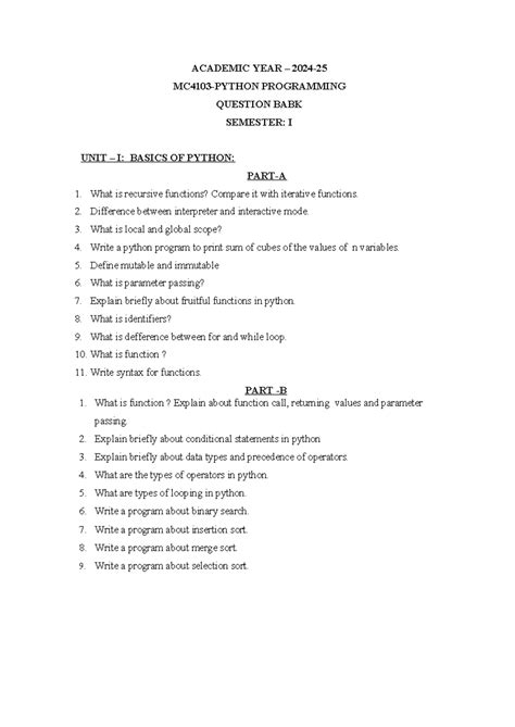 Python Unit 1 And 2 Questtion Bank Academic Year 2024 Mc4103 Python