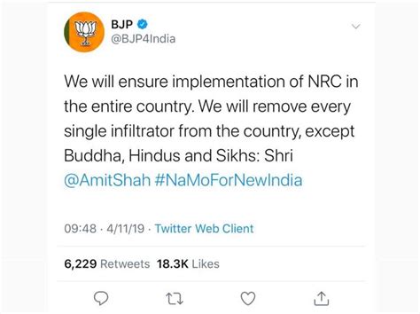 Bjp Twitter Account Bjp Deletes Its Tweet On Nrc As Nationwide