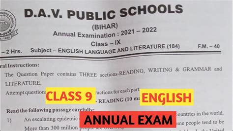 Dav Class 9 Question Paper Of English Of Annual Examination Dav