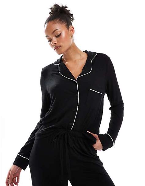 Asos Design Tall Super Soft Long Sleeve Shirt And Trouser Pyjama Set With