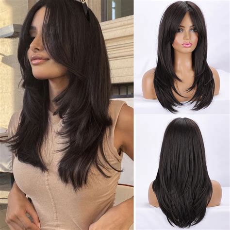I S A Wig Perucas Sint Ticas De Camadas Longas Para Mulheres Perucas Pretas Colarinho