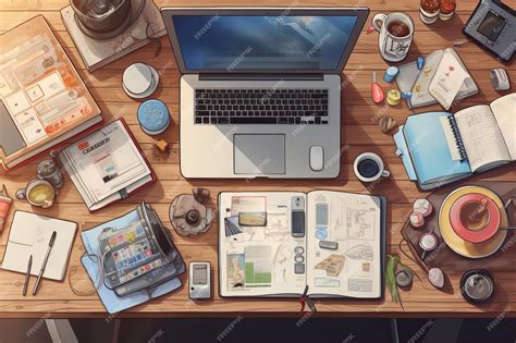 Стол с ноутбуком и разными предметами красивая иллюстративная картинка генеративный ии Премиум