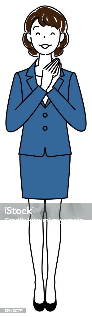 좋은 아이디어를 생각해 낸 후 손을 모으는 것을 기쁘게 생각하는 양복을 입은 예쁜 여자 전신 스탠딩 일러스트 레이 션 벡터 20 29세에 대한 스톡 벡터 아트 및 기타