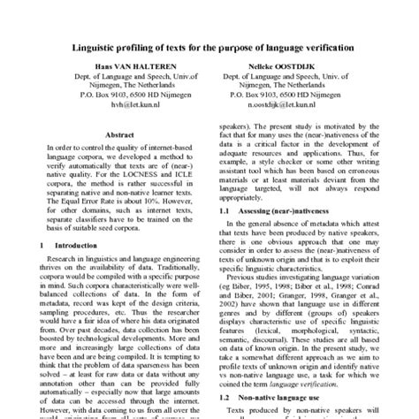 Linguistic Profiling Of Texts For The Purpose Of Language Verification Acl Anthology
