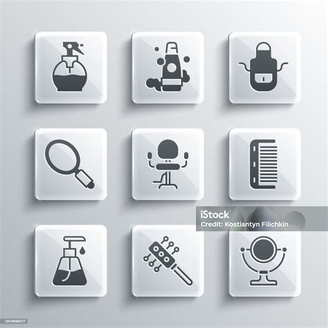 헤어 브러시 라운드 메이크업 거울 이발소 의자 크림 화장품 튜브 손 미용사 권총 스프레이 병과 앞치마 아이콘을 설정합니다 벡터 가위에 대한 스톡 벡터 아트 및 기타 이미지