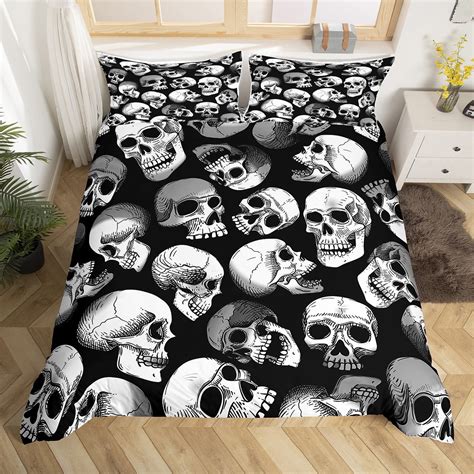 Yst Death Skull Comforter Cover White Grey Black Ombre Bed Set Candy
