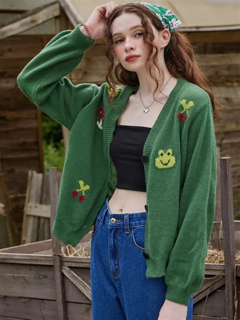 Romwe Fairycore Frog And Mushroom Pattern Button Front Cardigan Shein Usa
