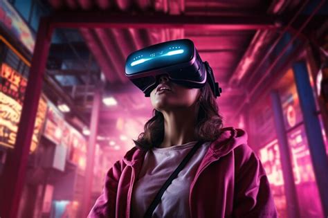 Premium Photo Woman Wearing Virtual Reality Glasses On Futuristic