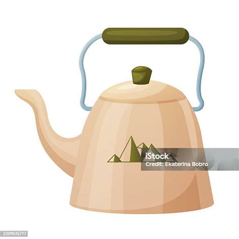 녹색 산 상징 만화 스타일을 가진 캠핑 주전자 여행 하이킹 캠핑 장비 야외 장비 컨셉 인포그래픽에 적합합니다 감시에 대한 스톡 벡터 아트 및 기타 이미지 Istock