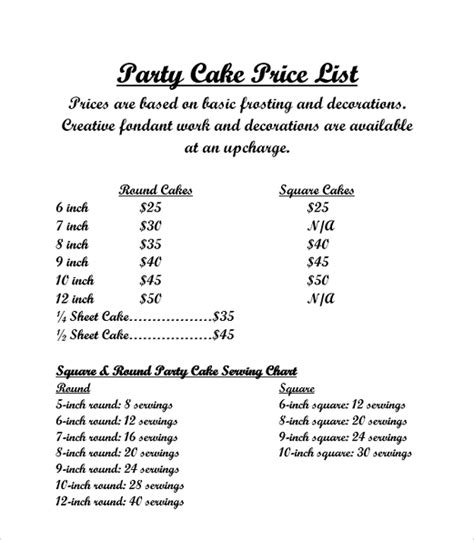 Price List Cakes By Kelley