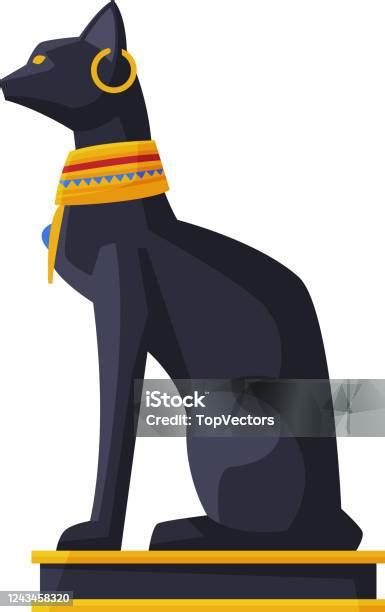 바스트 고대 이집트 여신 검은 이집트 고양이 흰색 배경에 이집트 플랫 스타일 벡터 일러스트의 상징 애완고양이에 대한 스톡 벡터