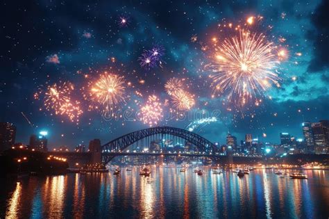 Sydney Harbour Bridge Fireworks Display Illuminating Night Sky Stock Illustration Illustration