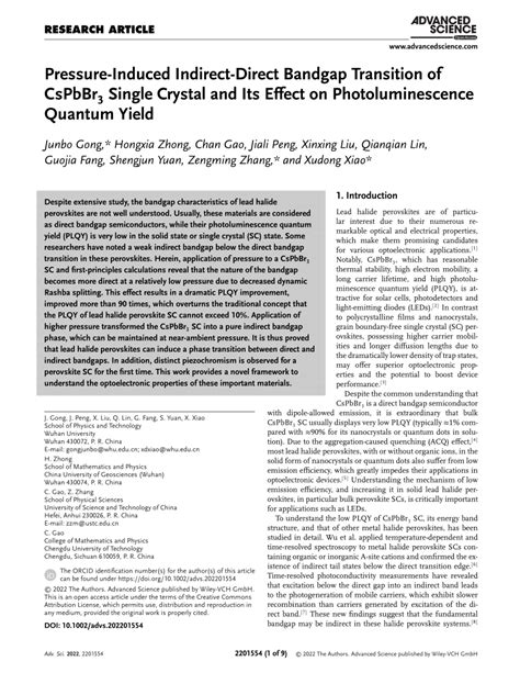 Pdf Pressure‐induced Indirect‐direct Bandgap Transition Of Cspbbr3