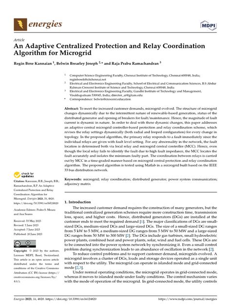 Energies An Adaptive Centralized Protection And Relay Coordination Algorithm For Microgrid Pdf