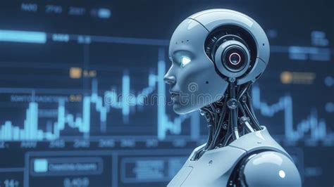 humanoid robot analyzing stock market data on digital screen stock