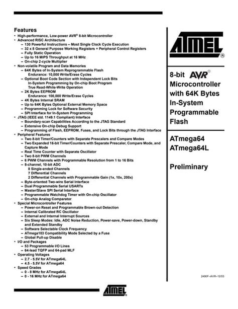 Data Sheet Of Chip Atmega64 From Microchip Pdf