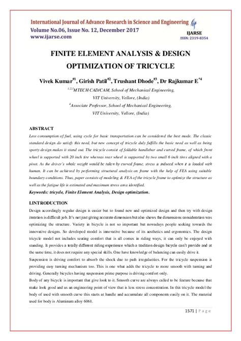 Pdf Finite Element Analysis And Design Optimization Of Tricycle