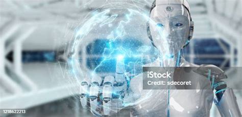 디지털 구 연결 홀로그램 3d 렌더링을 사용하여 흐린 배경에 흰색 로봇 여성 3차원 형태에 대한 스톡 사진 및 기타 이미지 3차원 형태 Brand Name Online