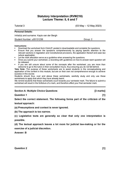 Tutorial 3 RVW 210 2023 Statutory Interpretation RVW210 Lecture