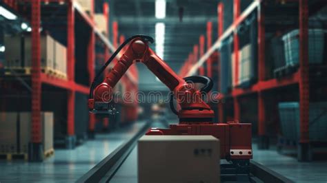 Red Robotic Arm Working In A Dimly Lit Warehouse Aisle Filled With