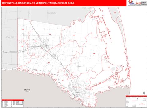 Brownsville Harlingen TX Metro Area Zip Code Wall Map Red Line Style