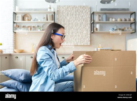 Parcel Home Delivery Happy Young Beautiful Asian Woman Received Parcel Excited By Surprise
