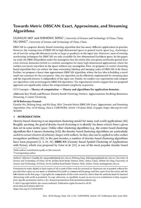 Towards Metric Dbscan Exact Approximate And Streaming Algorithms Proceedings Of The Acm On