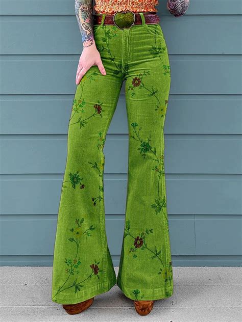 Womens Vintage Flower Print Mid Waist Buttoned Hem Bootcut Jeans