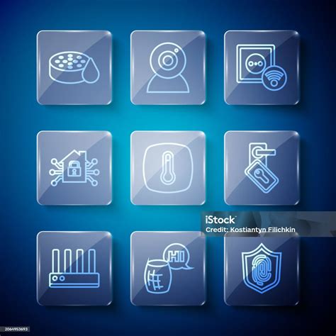 라인 라우터 및 Wifi 신호 음성 비서 지문 스마트 전기 콘센트 온도 조절기 집 수분 센서 및 디지털 도어록 아이콘을 설정합니다 벡터 개념에 대한 스톡 벡터 아트 및 기타