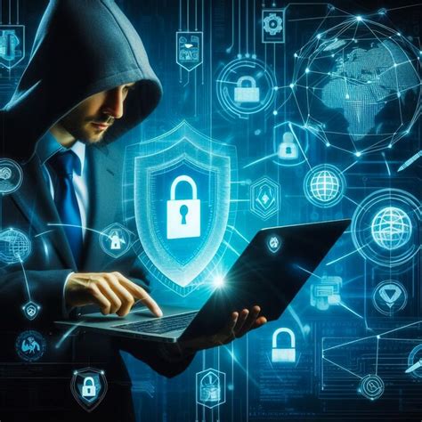 hacking and safety concept hacker at desktop using laptop with glowing