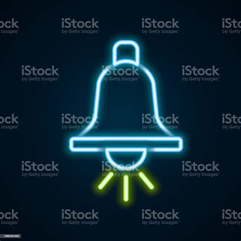 검은 배경에 고립 된 빛나는 네온 라인 울리는 알람 벨 아이콘 화재 경보 시스템 서비스 벨 핸드벨 기호 알림 기호 다채로운 개요 개념 벡터 Jingle Ball에 대한 스톡